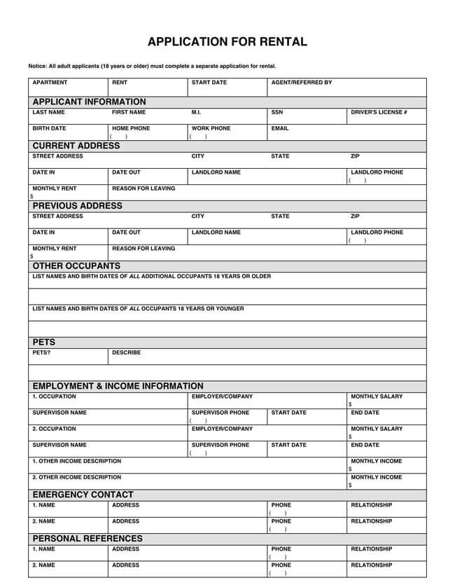 Blank Rental Application Forms Templates Word PDF - Printable Application Blank Rental Application Forms Templates Word PDF - Printable Application